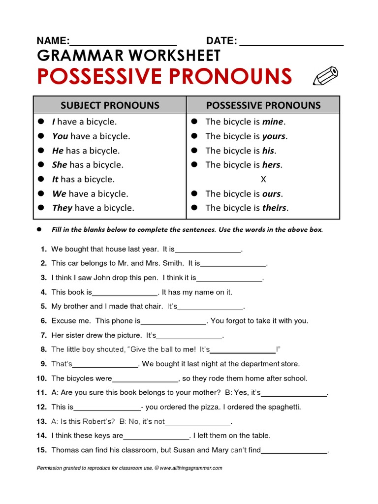 Possessive Pronouns: Grammar Worksheet | PDF