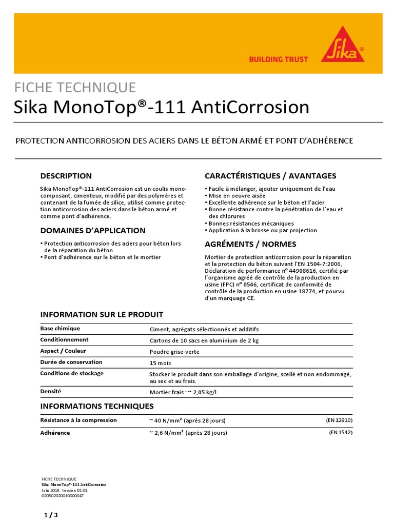 Tds Sika Monotop 111 Anticorrosion FR PDF | PDF | Corrosion | Béton