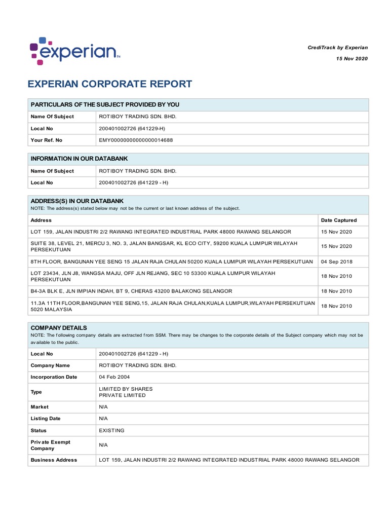 Experian Corporate Report: Particulars of The Subject Provided by You ...