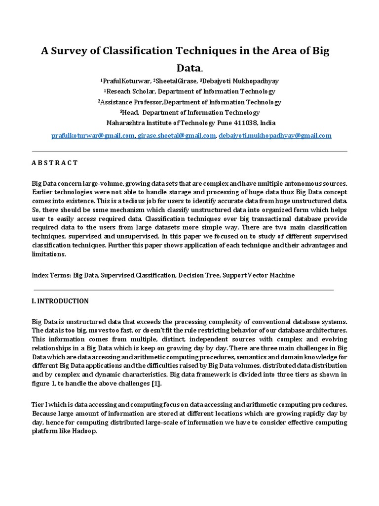 A Survey of Classification Techniques in The Area of Big Data | PDF | Statistical Classification ...