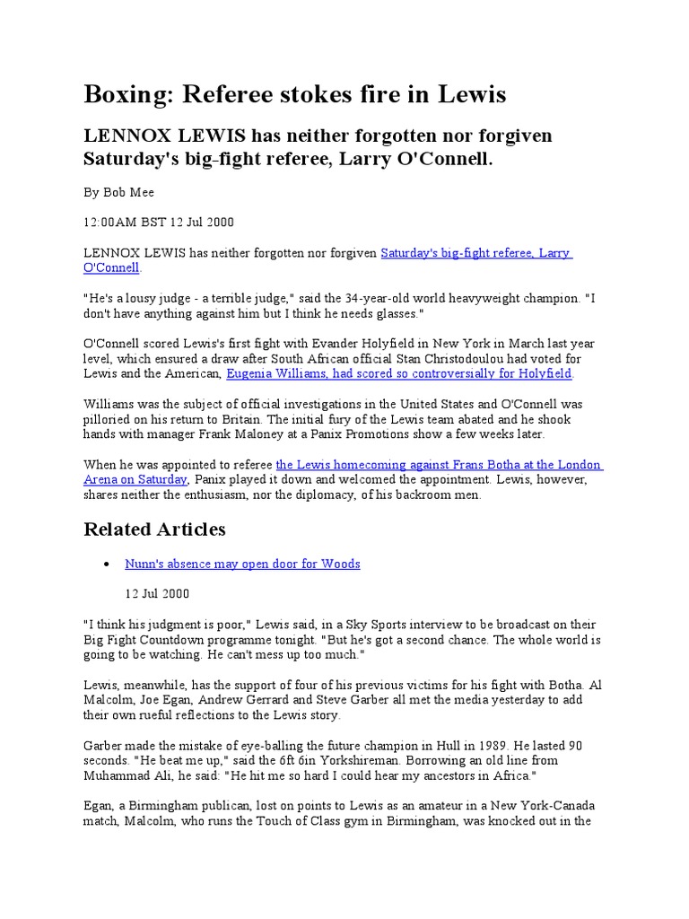 Lennox Lewis Fight With Joe Egan | PDF | Boxers | Combat Sports