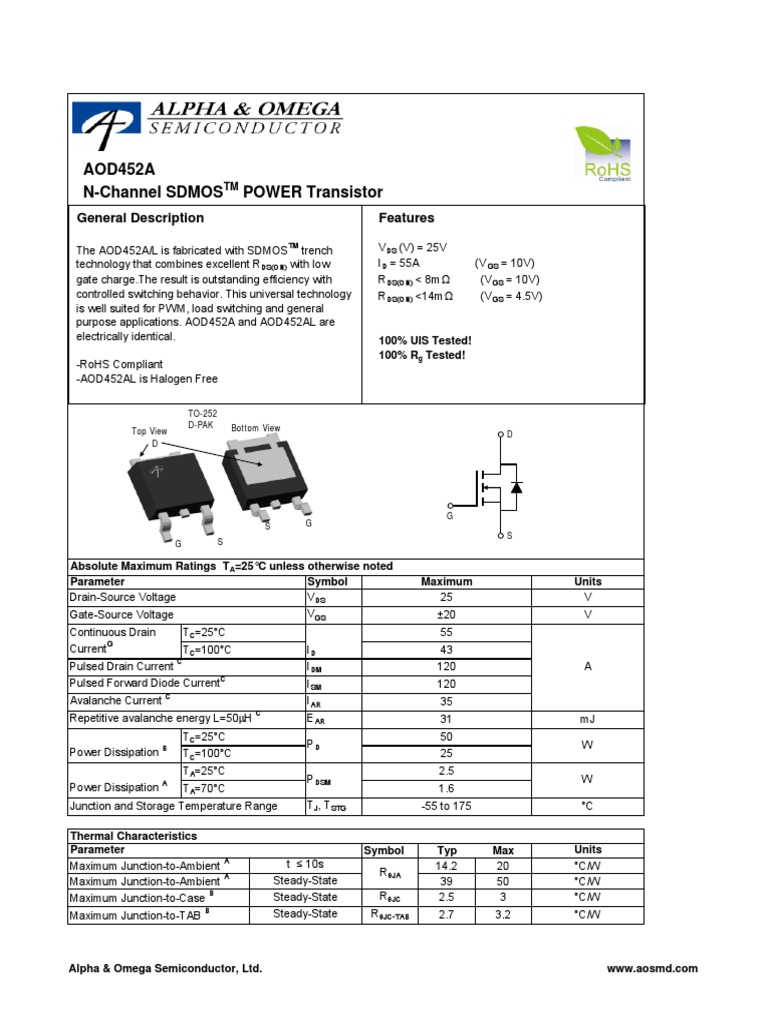 AOD452A N-Channel SDMOS POWER Transistor: General Description Features ...