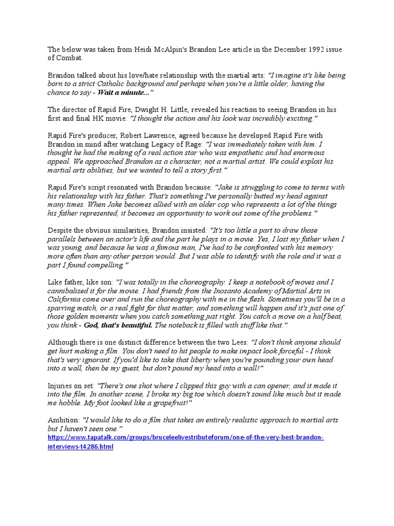 Brandon Lee Combat Magazine Interview 1992 | PDF