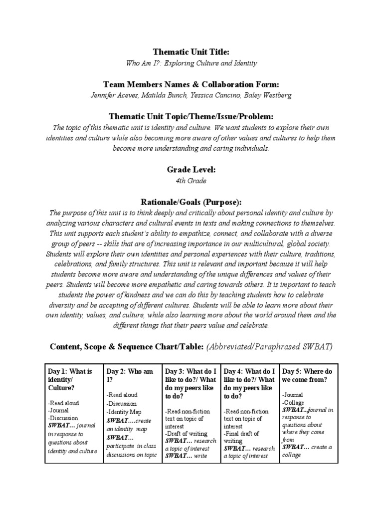 Thematic Unit | PDF | Identity (Social Science) | Reading Comprehension
