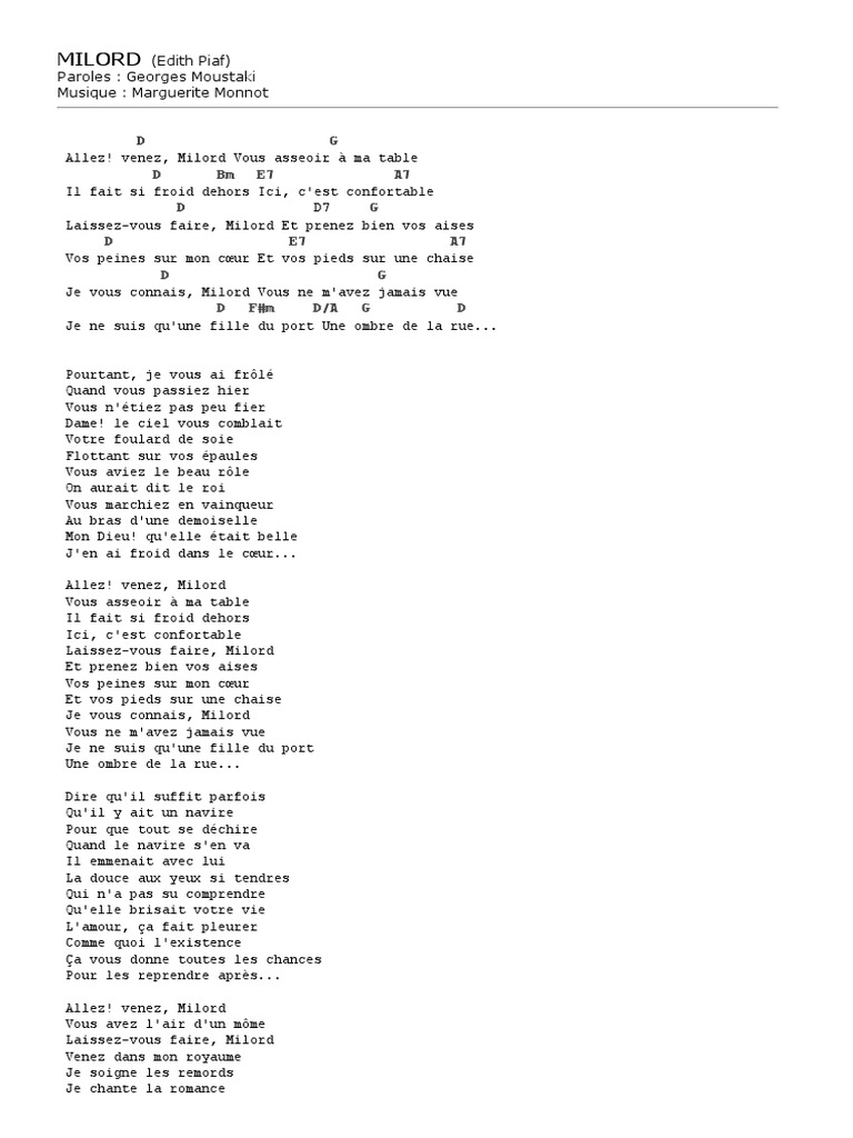 Paroles de "Milord" - Édith Piaf | PDF | Maison et jardin | Poésie