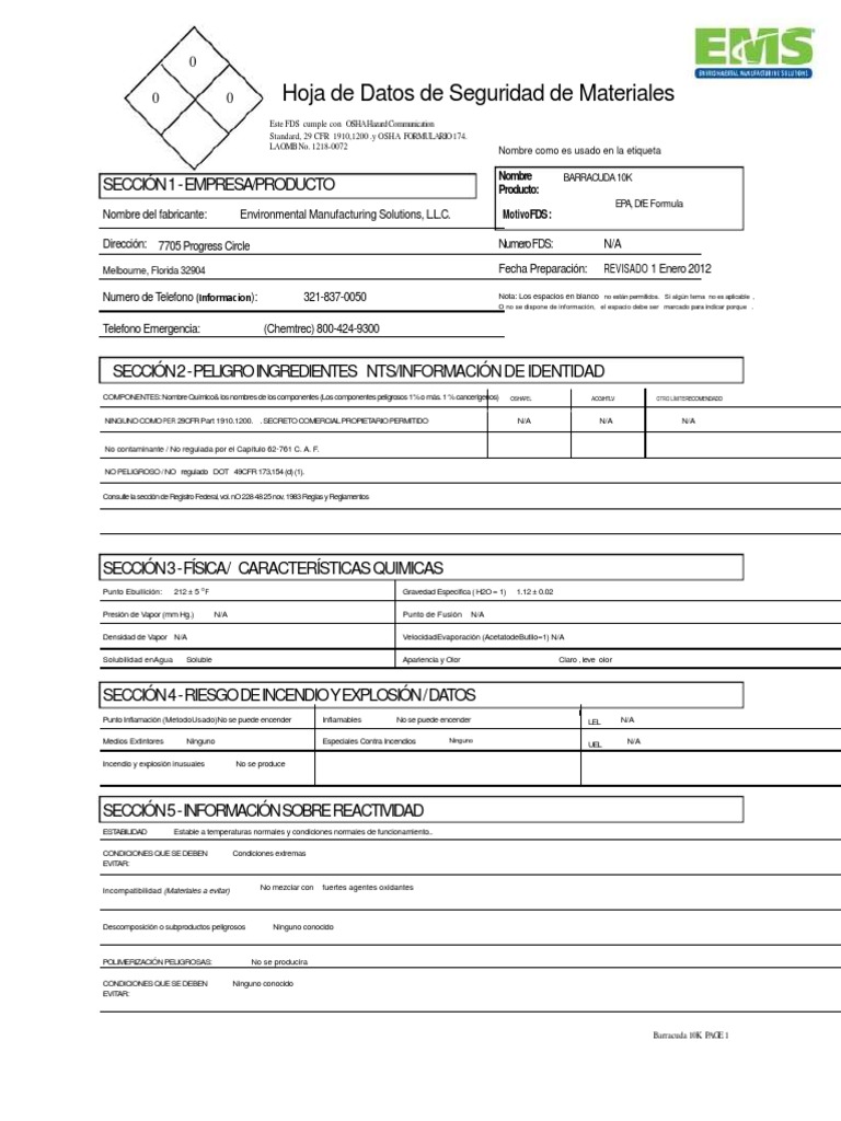 Ficha de Seguridad Barracuda 10K | PDF | Agua | Naturaleza