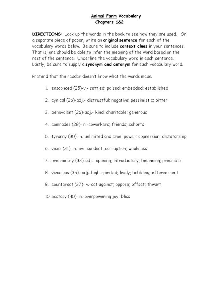 Animal Farm Vocabulary Guide: Chapters 1-10 | PDF | Lexical Semantics ...