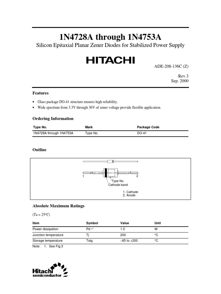 1N4728A Through 1N4753A: Silicon Epitaxial Planar Zener Diodes For Stabilized Power Supply | PDF ...