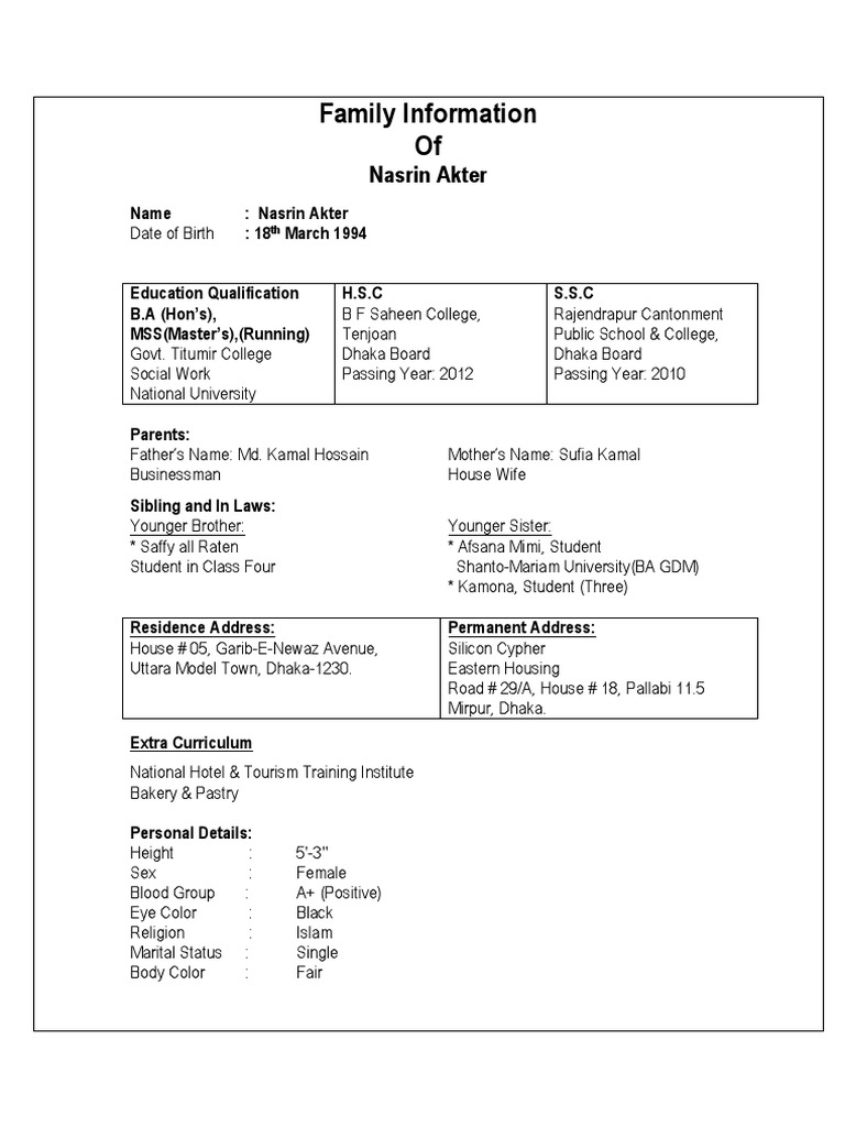 Family Information Of: Nasrin Akter | PDF