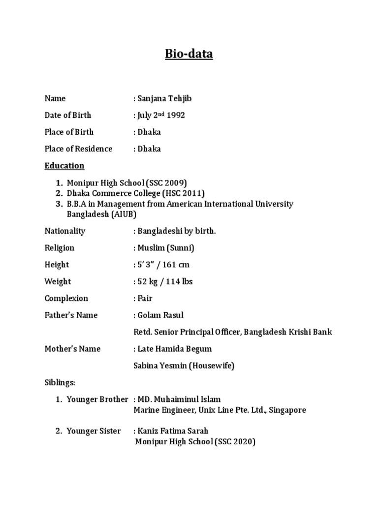 Biodata of Sanjana Tehjib | PDF | Bangladesh | Qur'an