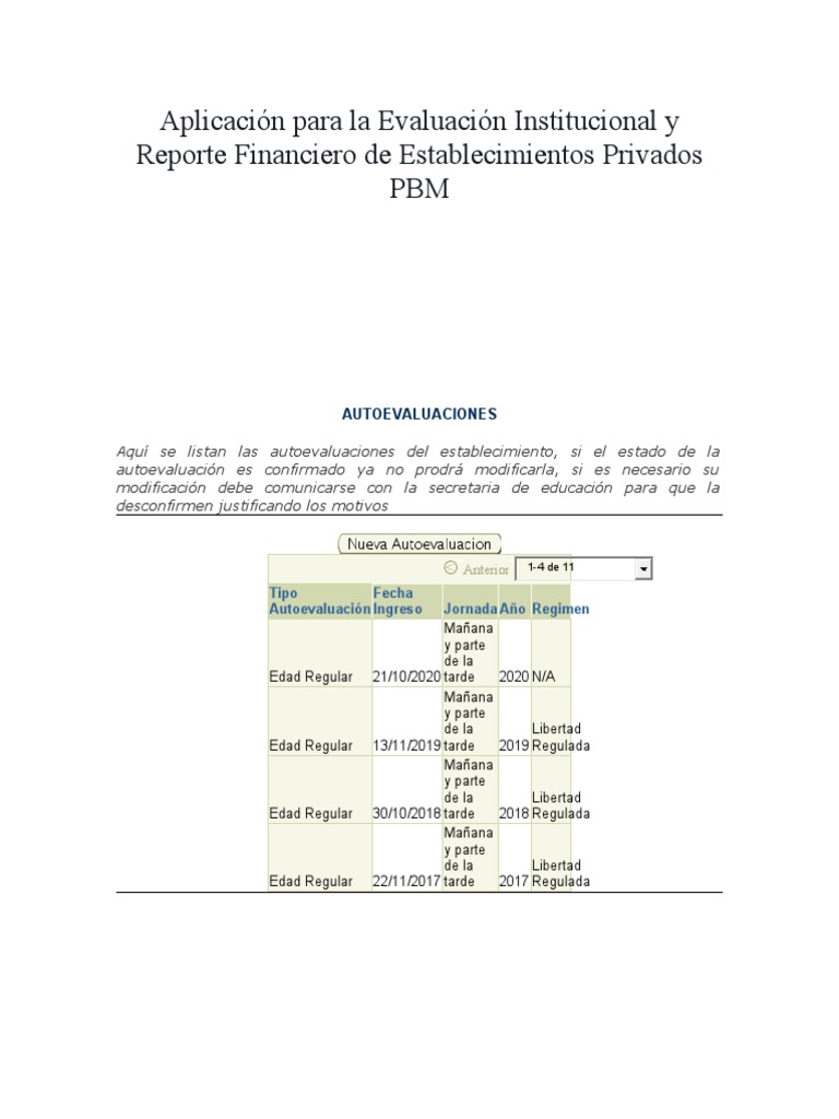Aplicación para La Evaluación Institucional y Reporte Financiero de Establecimientos Privados ...