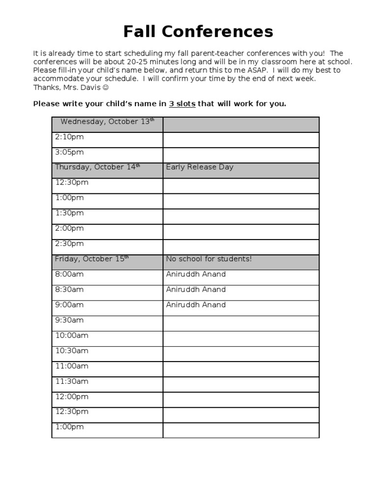 Fall Parent-Teacher Conference Schedule | PDF | Language Arts ...