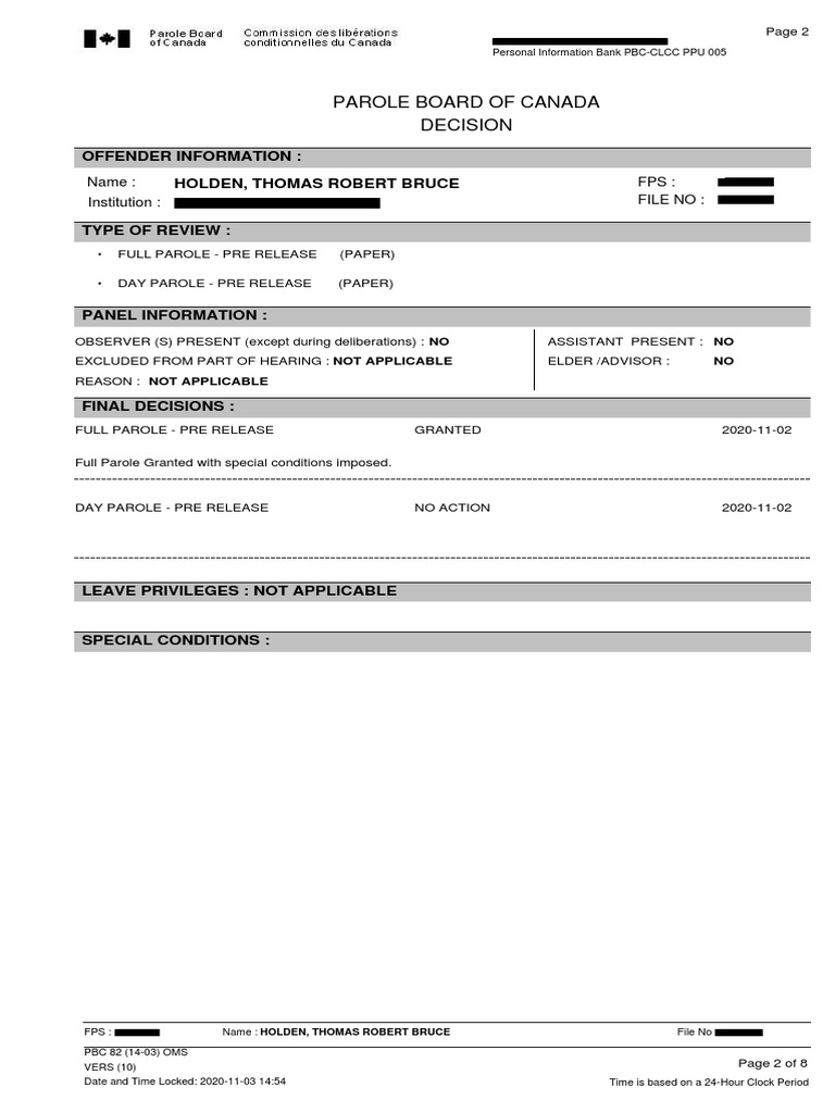 Parole Board of Canada Decision: Offender Information: Holden, Thomas ...