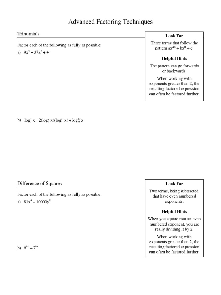 2 - Advanced Factoring Techniques PDF | PDF | Elementary Mathematics ...