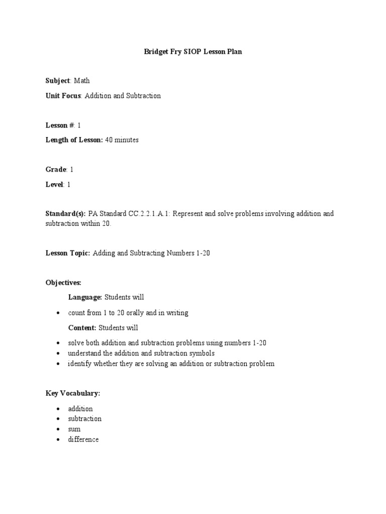Siop Lesson Plan | PDF | Worksheet | Subtraction