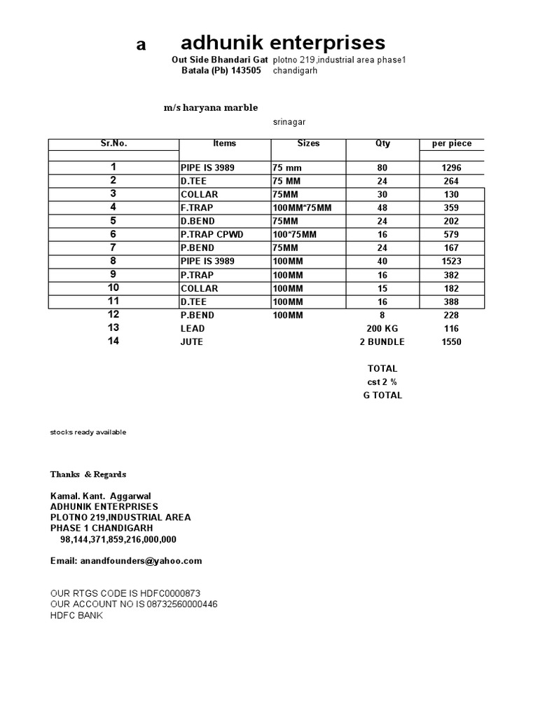 Haryana Marble Supply Invoice | PDF