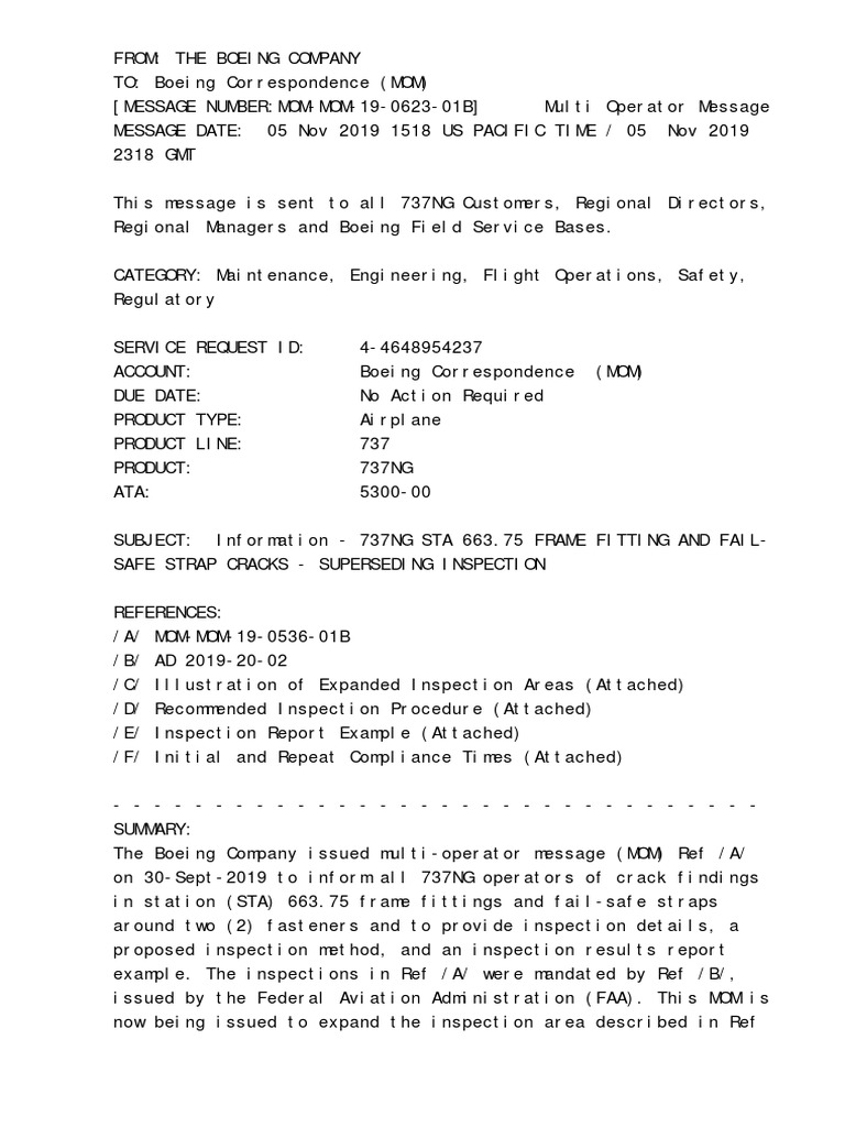 Boeing Multi-Operator Message MOM-MOM-19-0623-01B, Dated November 5 ...