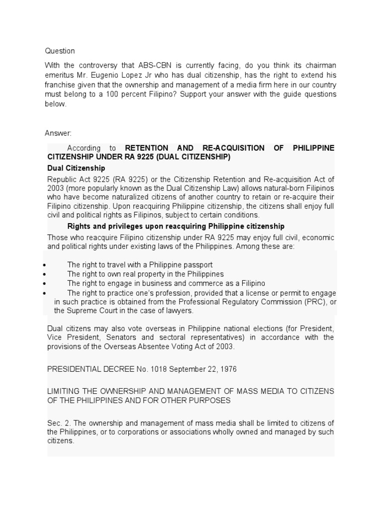 Citizenship Under Ra 9225 (Dual Citizenship) Dual Citizenship | PDF ...