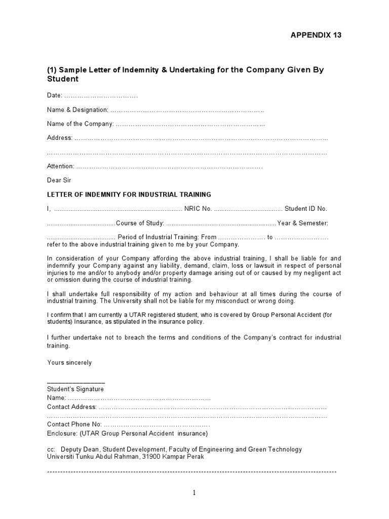 Sample Letter of Indemnity | PDF | Indemnity | Government
