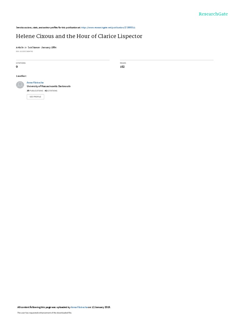 Helene Cixous and The Hour of Clarice Lispector: Substance January 1994 ...