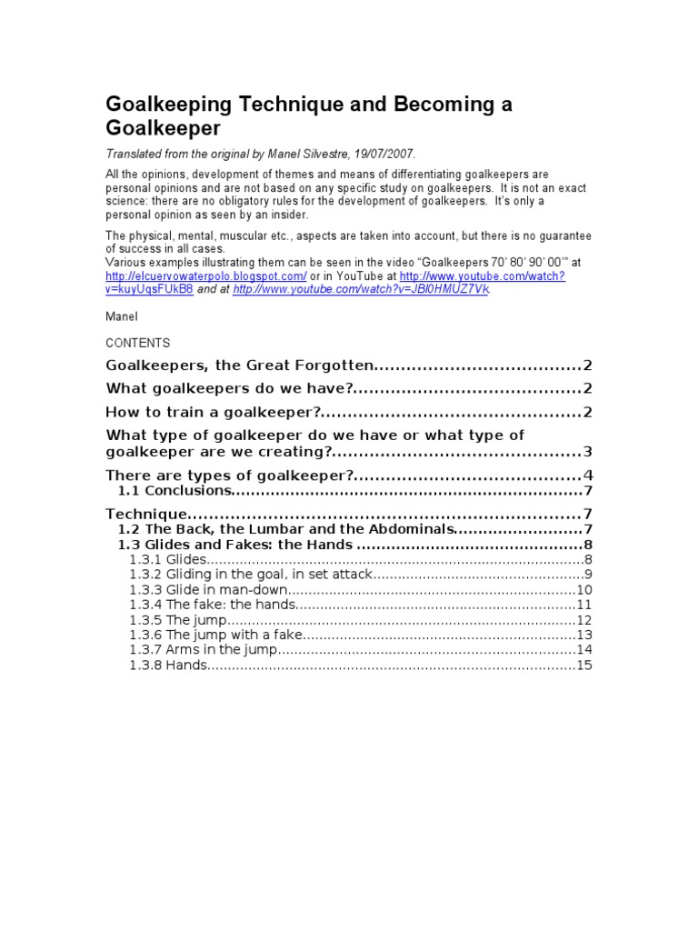 The Goalkeeping Technique and Becoming A Goalkeeper v1 | PDF | Sports ...