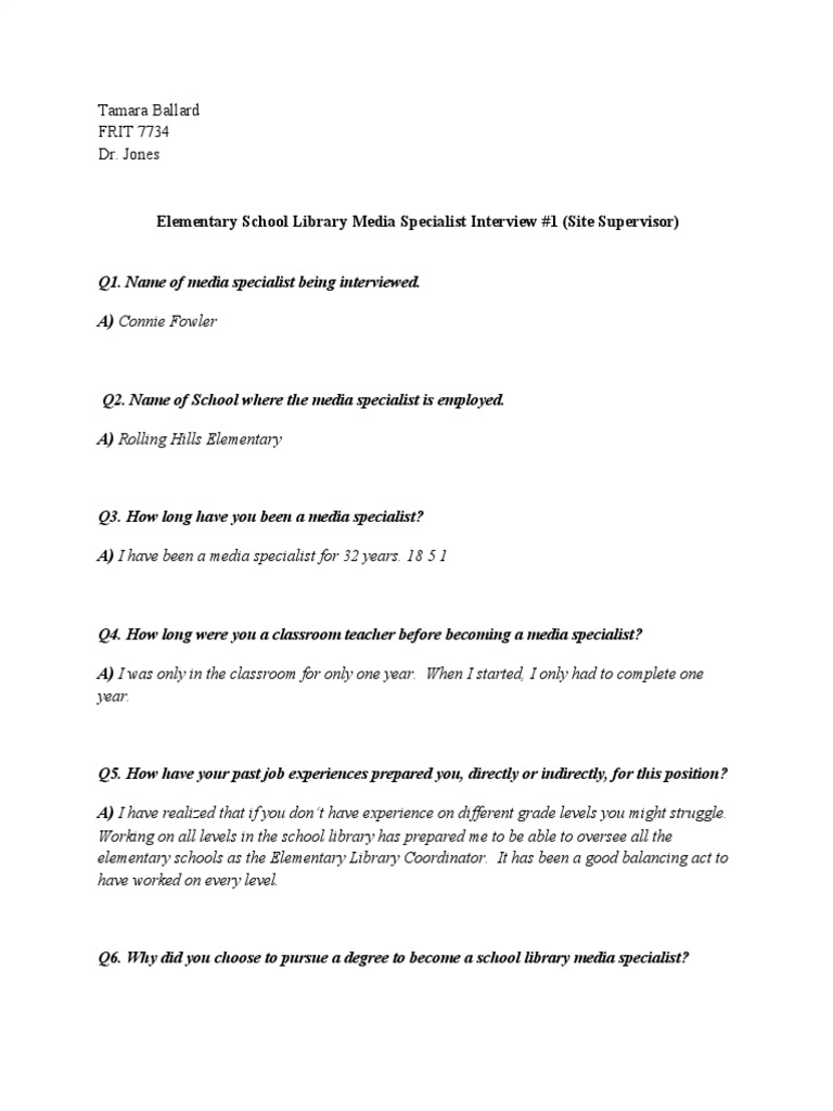 Elementary School Library Media Specialist Interview #1 | PDF ...