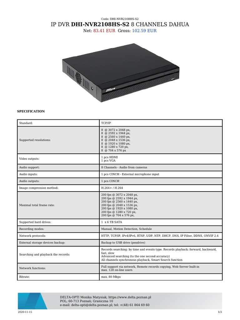 Ip DVR Dhi-Nvr2108Hs-S2 8 Channels Dahua: Net: Gross | PDF | Ios ...