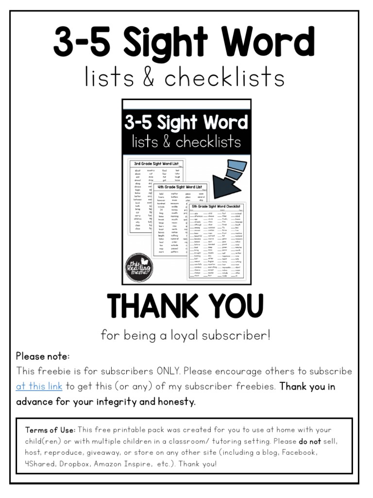 3-5 Sight Word Lists & Checklists: Thank You | Download Free PDF ...