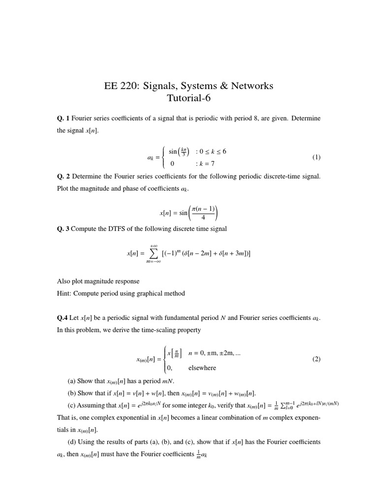 EE 220: Signals, Systems & Networks Tutorial-6 | PDF | Algebra | Applied Mathematics