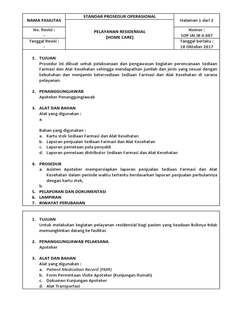 SOP Pelayanan Home Care Farmasi | PDF