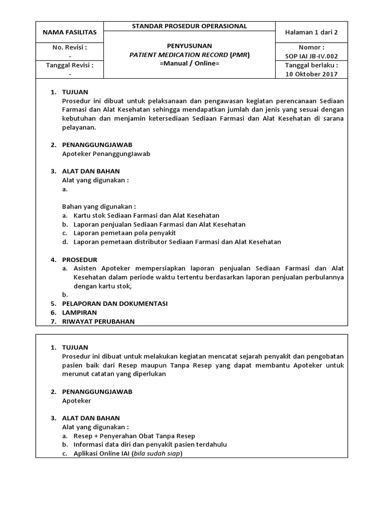 IV-002 SOP Pembuatan Patient Medication Record (PMR) | PDF