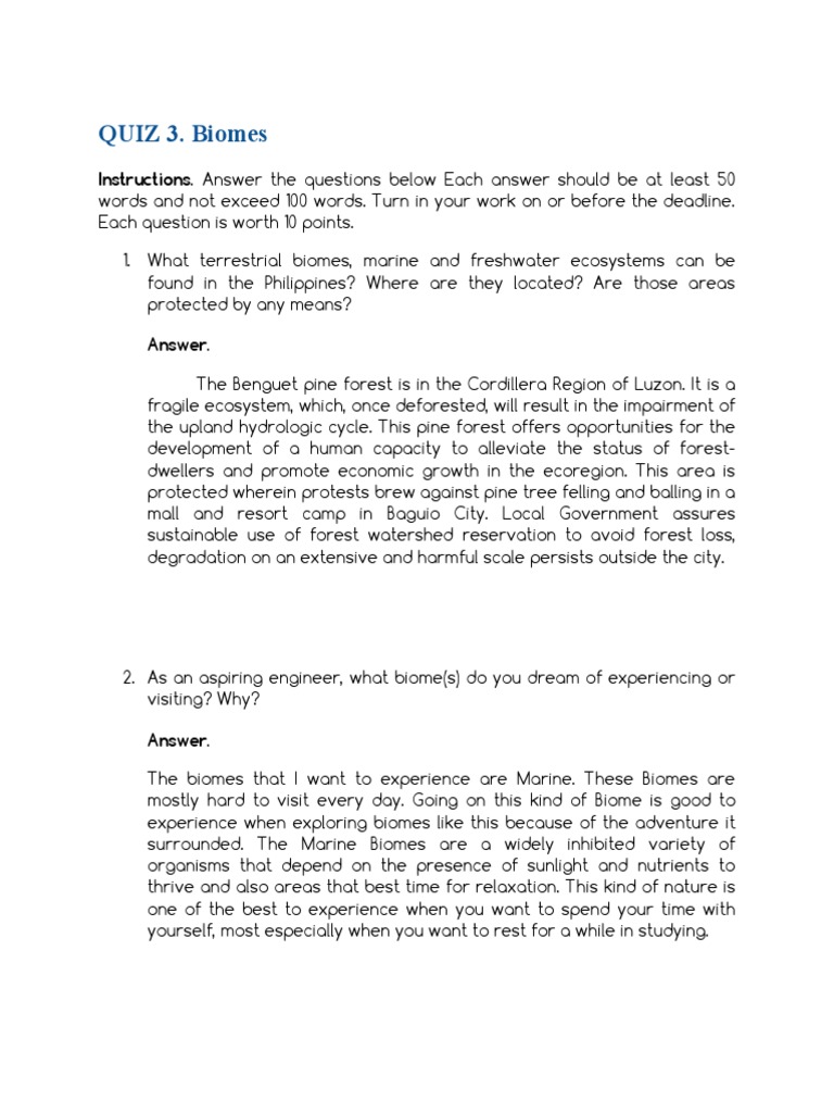 QUIZ 3. Biomes: Instructions. Answer The Questions Below Each Answer ...
