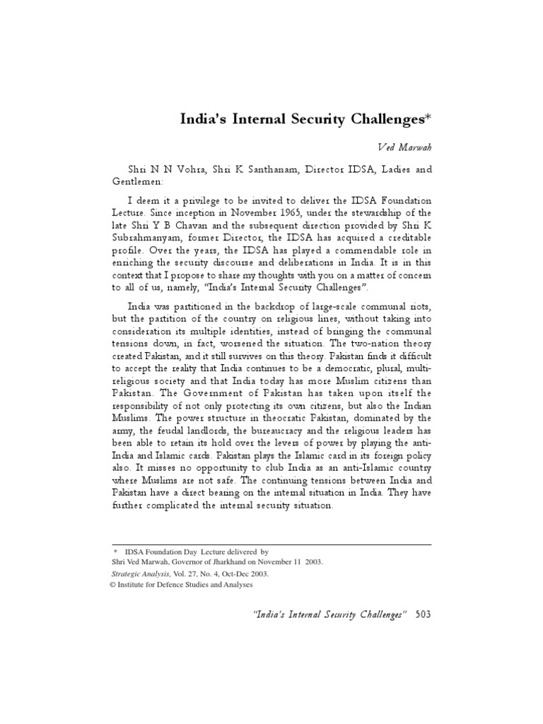 India's Internal Security Challenges : Ved Marwah | PDF