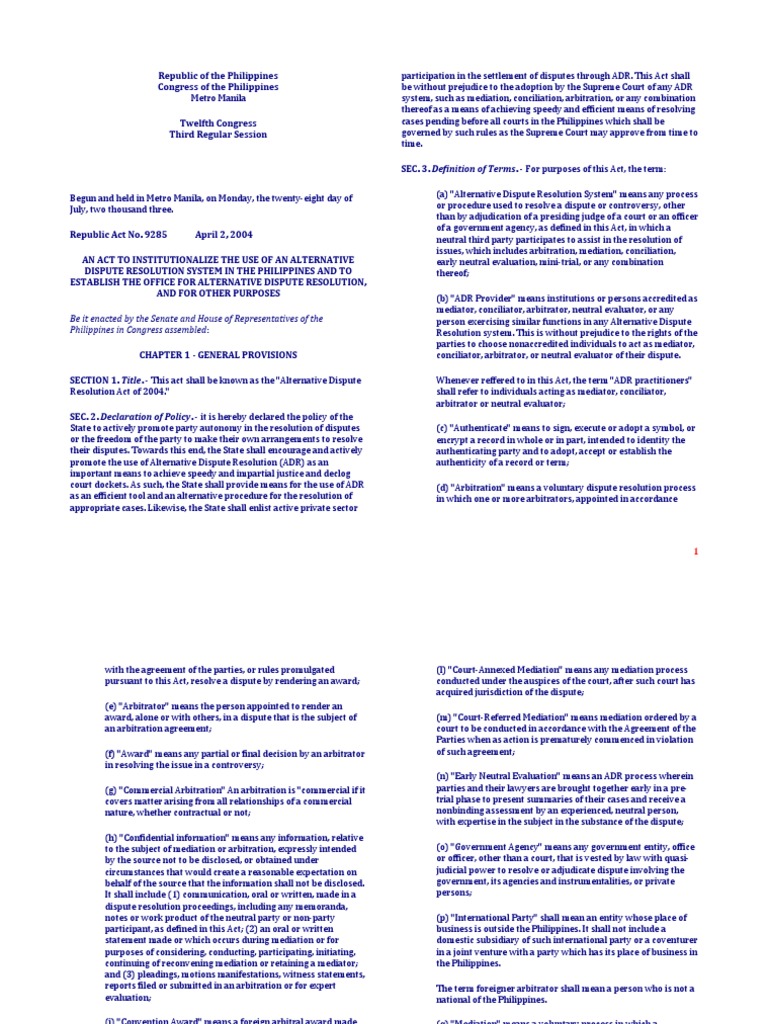 Republic Act No. 9285 | PDF | Mediation | Alternative Dispute Resolution