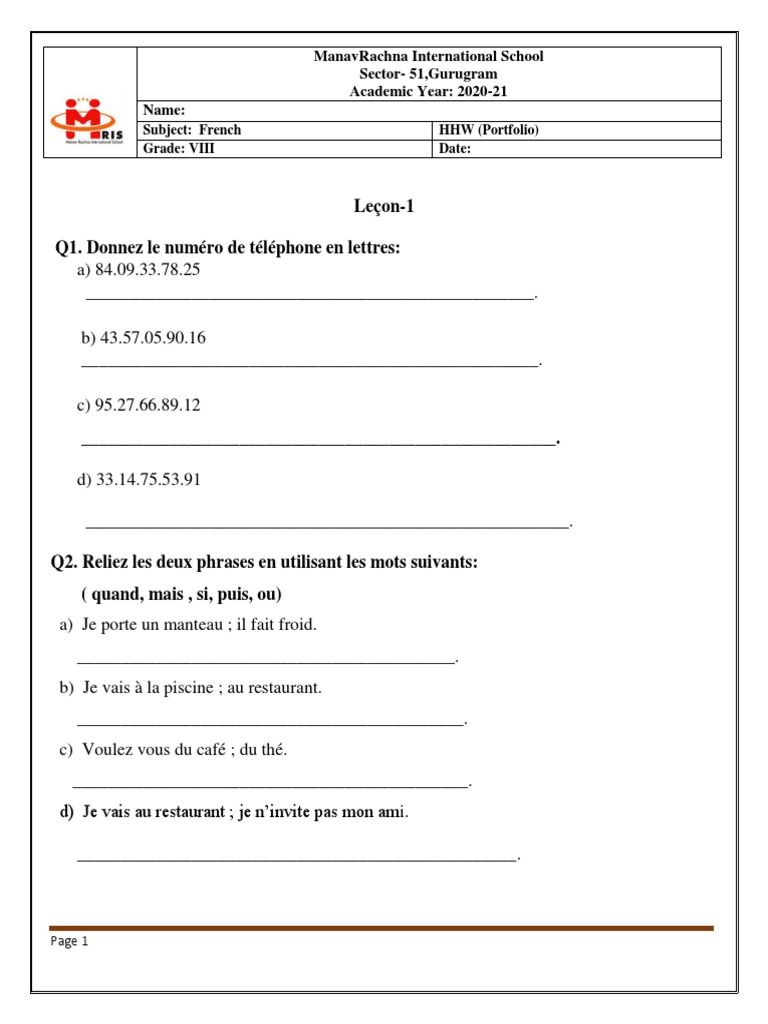 Grade 8 French Practice Sheet | PDF