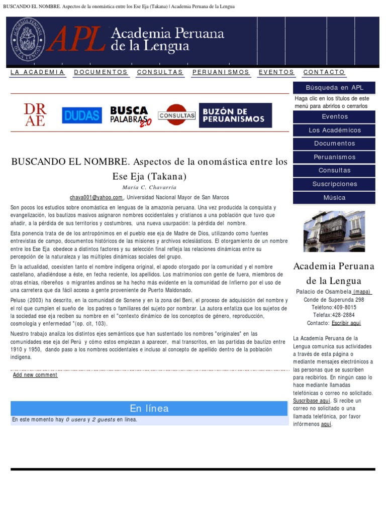 BUSCANDO EL NOMBRE. Aspectos de La Onomástica Entre Los Ese Eja (Takana ...