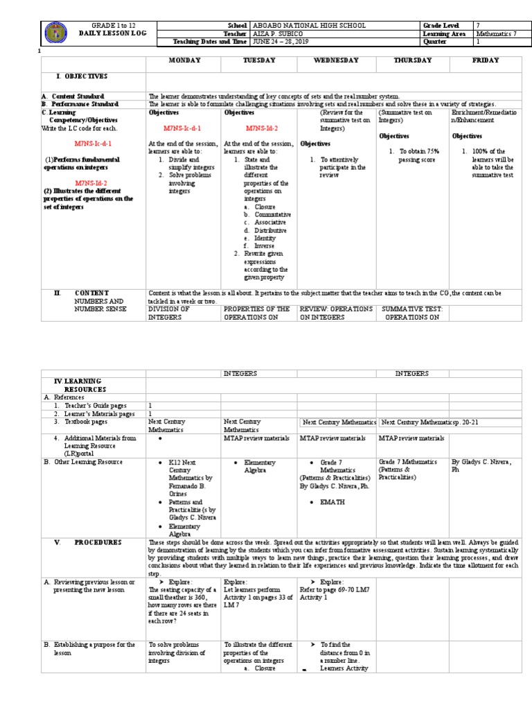 DLL Math Grade7 Quarter1 Week4 (Palawan Division) | PDF | Teaching Mathematics | Teachers