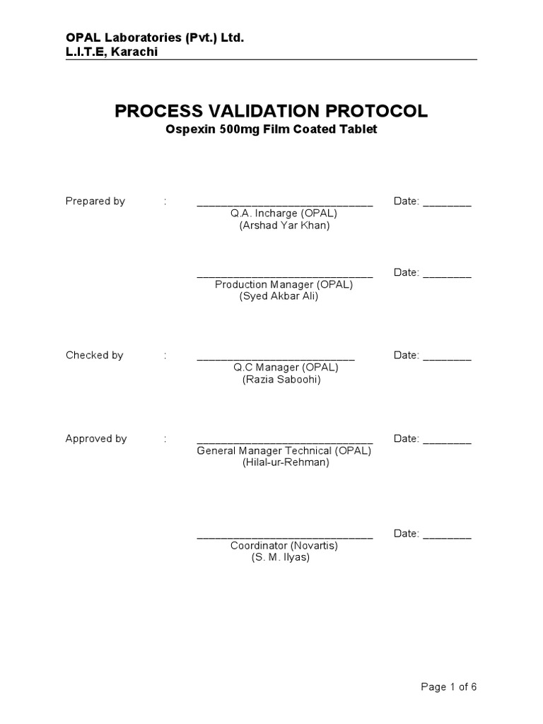 Process Validation Protocol (500 MG Tablet) | PDF | Nature