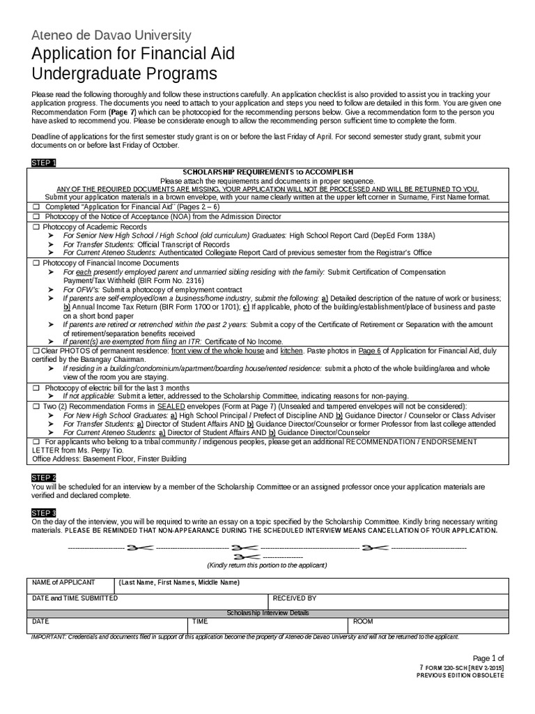 Application For Financial Aid Undergraduate Programs: Ateneo de Davao ...