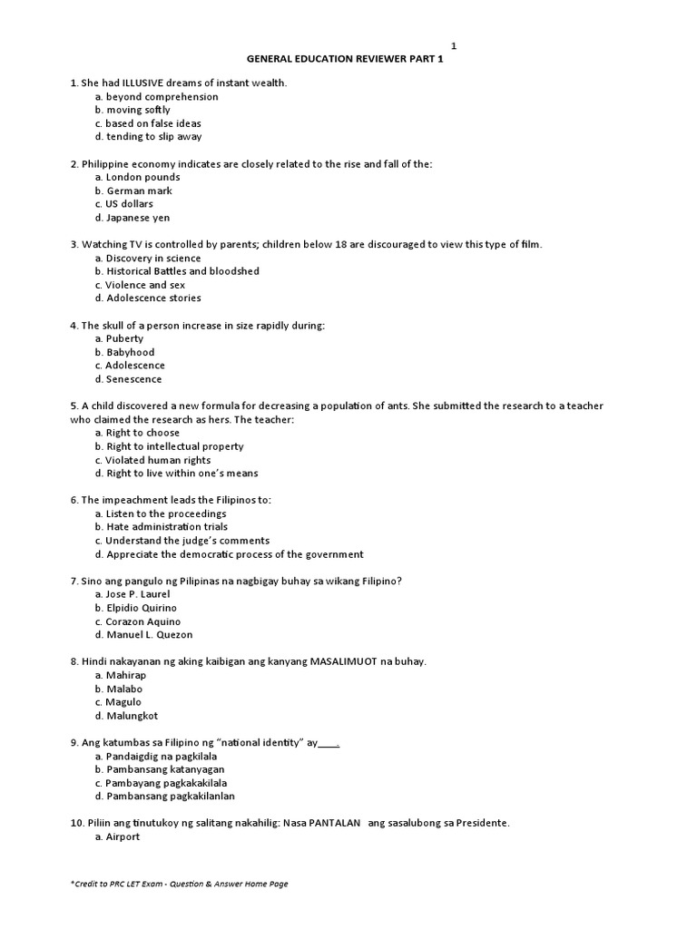 General Education Reviewer Part 1: Credit To PRC LET Exam - Question ...