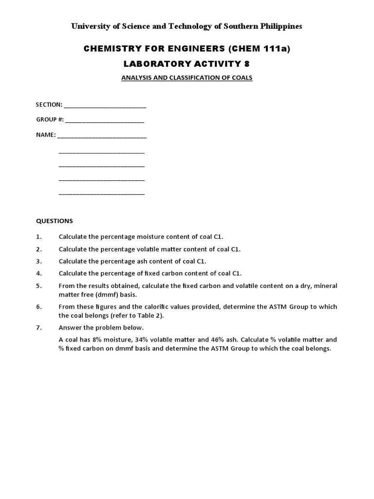 Chemistry For Engineers (Chem 111A) Laboratory Activity 8: University ...