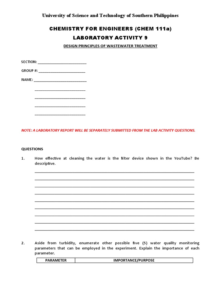 Chemistry For Engineers (Chem 111A) Laboratory Activity 9: University ...