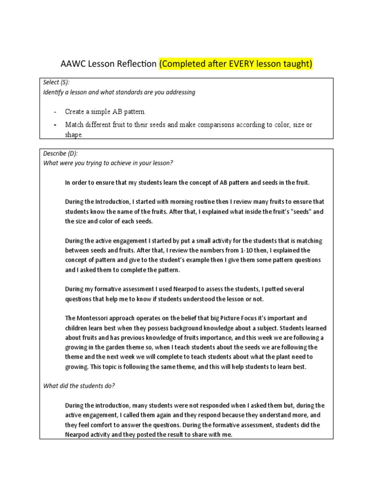 AAWC Lesson Reflection (Completed After EVERY Lesson Taught) | PDF | Behavior Modification ...