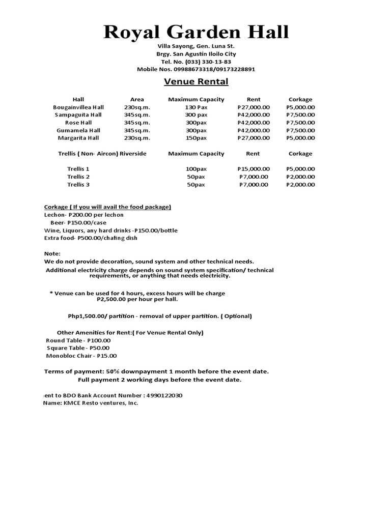 Royal Garden Hall Venue Rental Details | PDF | Fermented Drinks ...