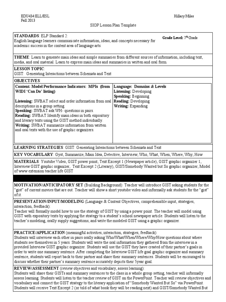 Siop Lesson-Gist Reading Strategy For Ells | PDF