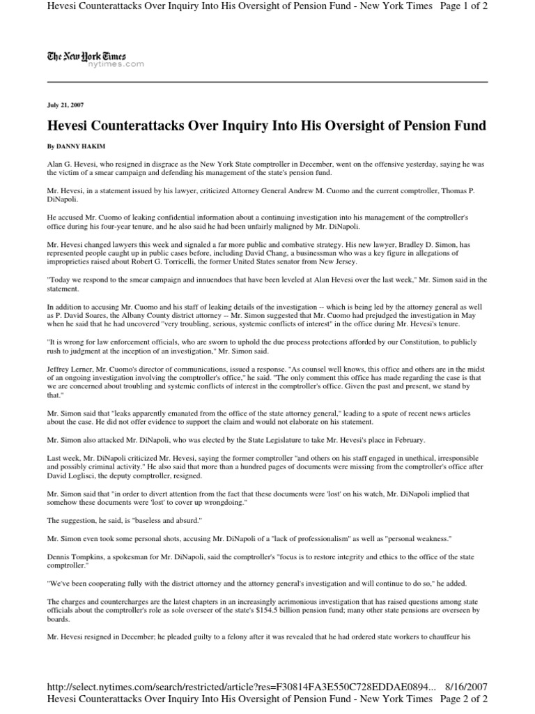 NYT 070721 Hevesi Counterattack | PDF | Criminal Law | Social Institutions