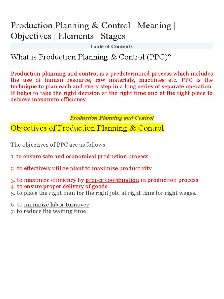 Production Planning & Control - Meaning - Objectives - Elements ...