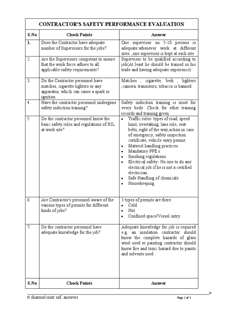 Contractor'S Safety Performance Evaluation: S.No Check Points Answer 1 ...