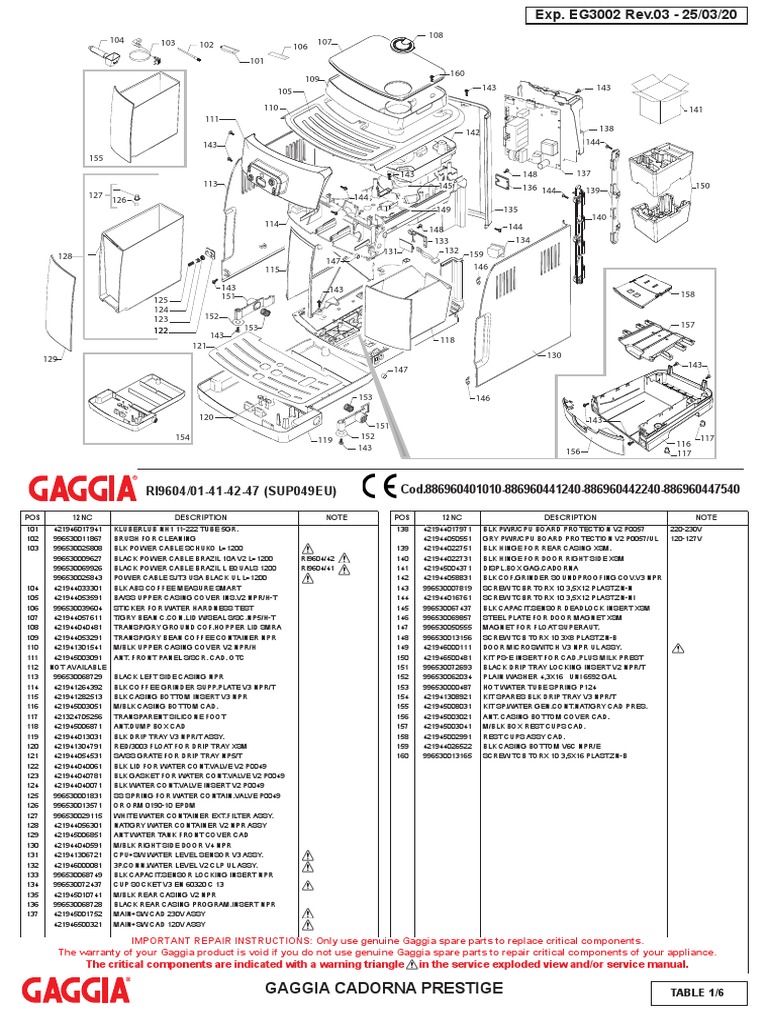 Gaggia Cadorna Prestige Parts Diagram | PDF | Tools | Machines