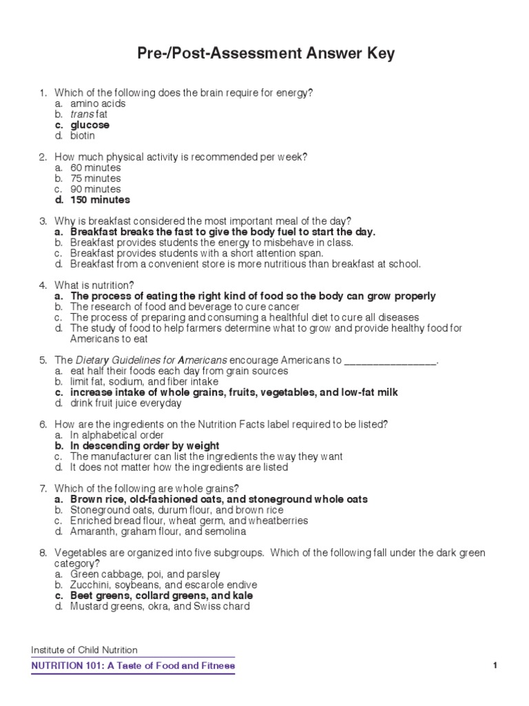 Nutrition 101 Pre Post Assessment Answer Key PDF | PDF | Whole Grain ...